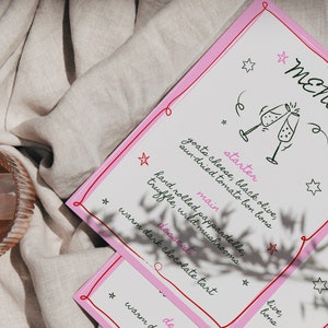 Whimsical Hand Drawn Menu Canva Template | Bow Dinner Party Menu | Wavy ...