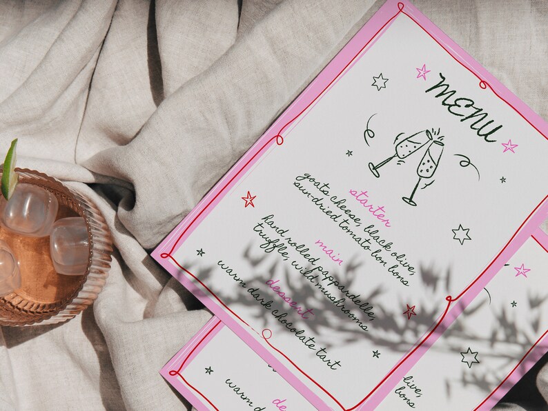 Whimsical Hand Drawn Menu Canva Template Bow Dinner Party Menu Wavy ...