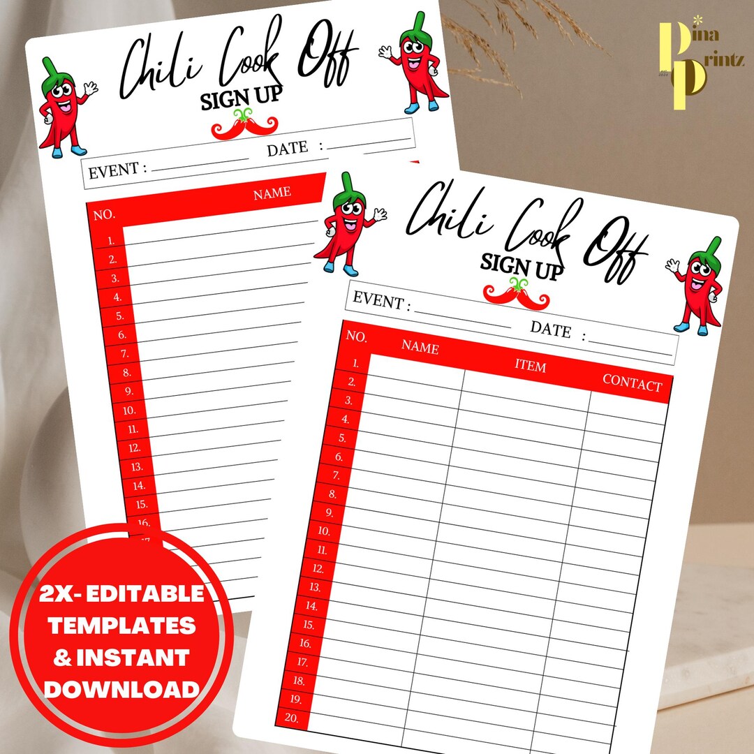 EDITABLE Chili Cook-off Sign up Sheet Template Chili Cook off Sign up ...