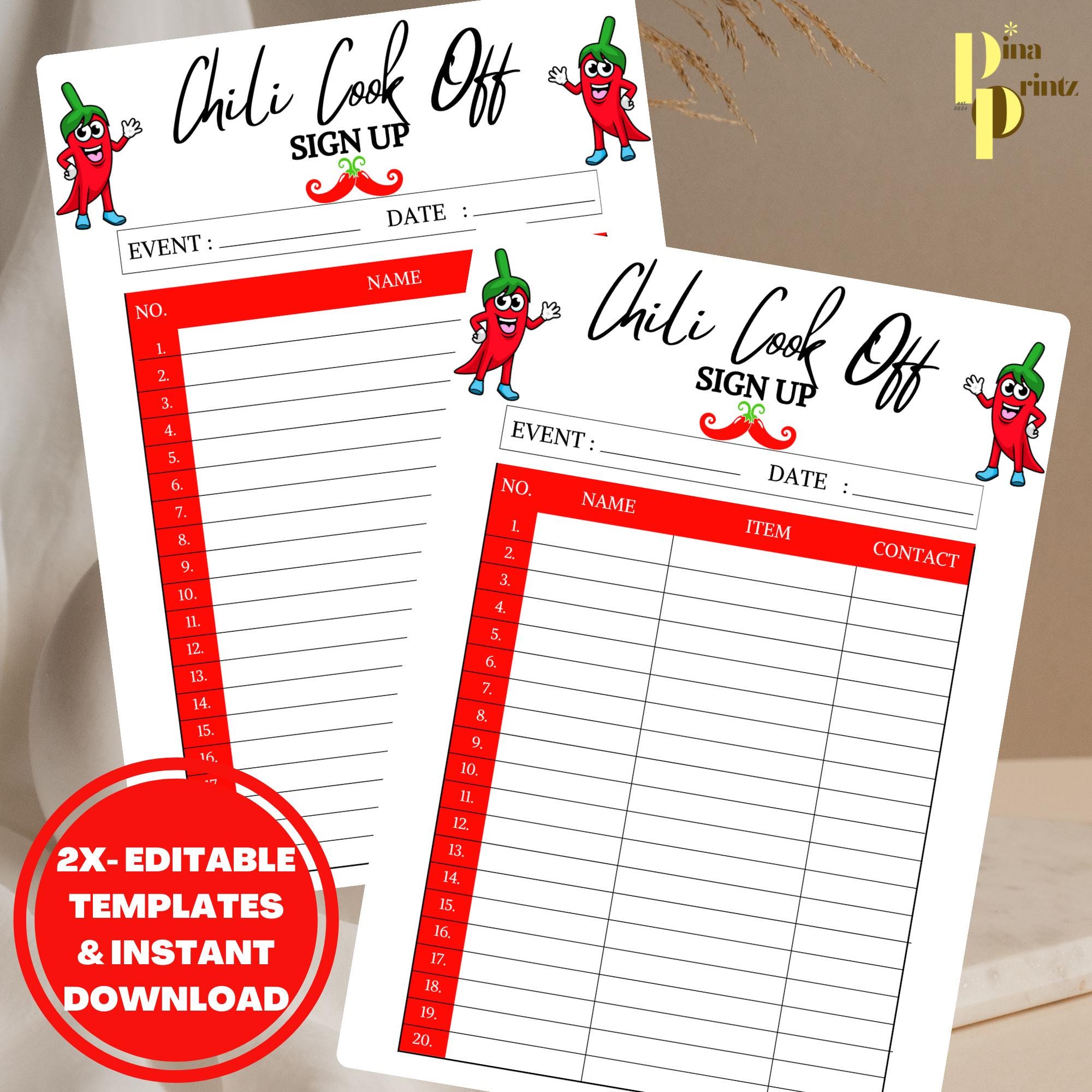 EDITABLE Chili Cook-off Sign up Sheet Template Chili Cook off Sign up ...