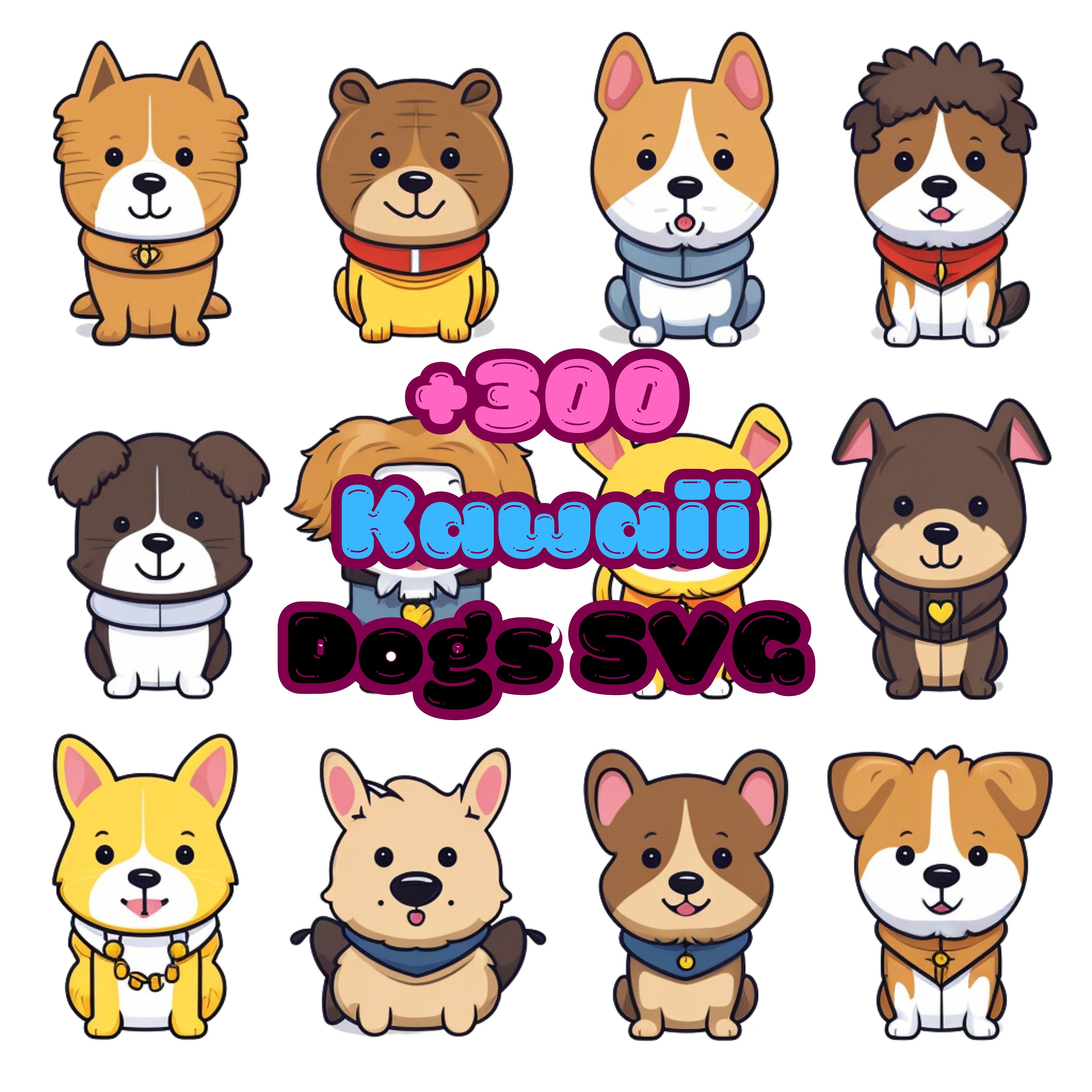 Pawsitively Adorable: 300 Kawaii Dog SVG Bundle Cute & Whimsical Canine ...