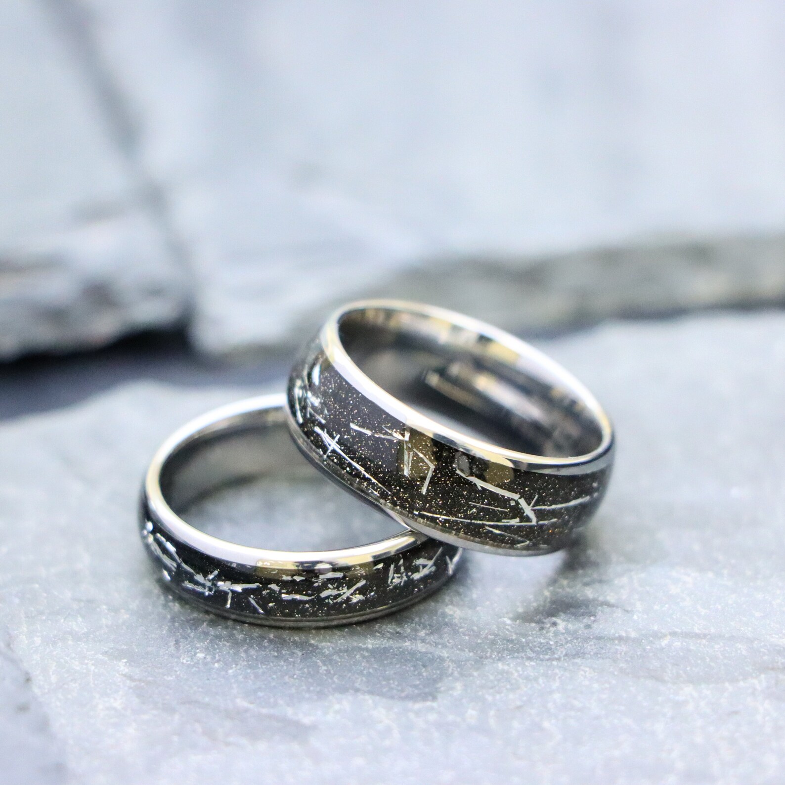 6mm Dome Black Wedding Meteorite Inlay Band Ring, Silver Color ...