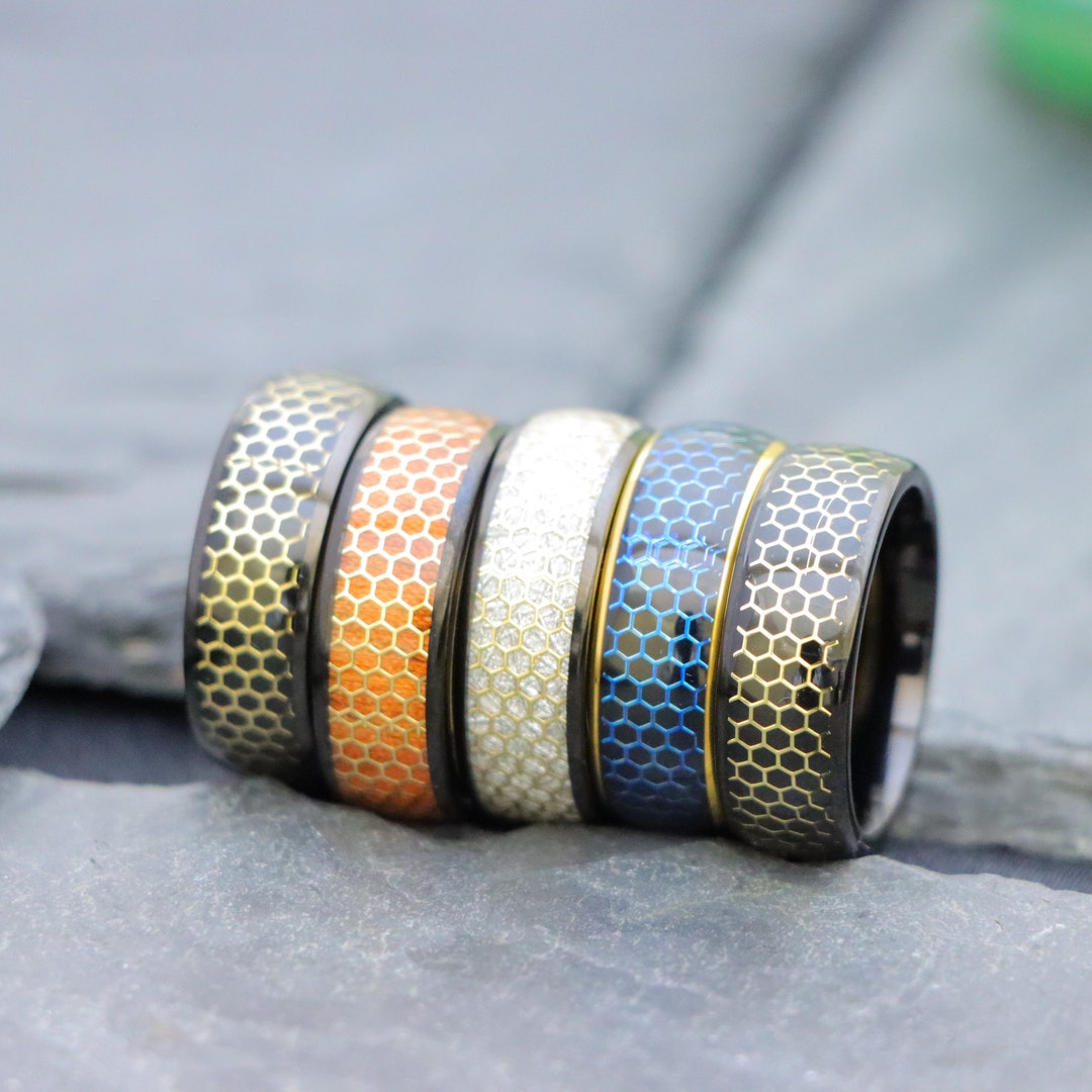 Gold & Black Wedding Band, Honeycomb Cut Out Inlay Engagement Rings ...