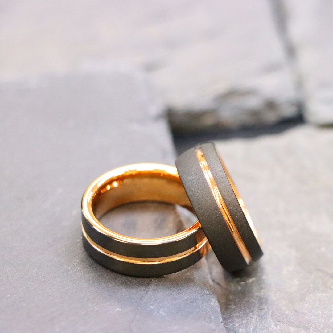 Black Tungsten Ring, Rose Gold Inside Ring, Brushed Ring, Men Wedding ...