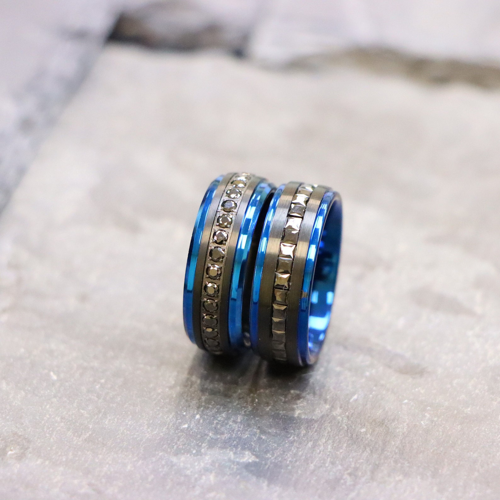 Blue Edges Princess Cut Diamond Eternity Rings, Custom Engraved ...