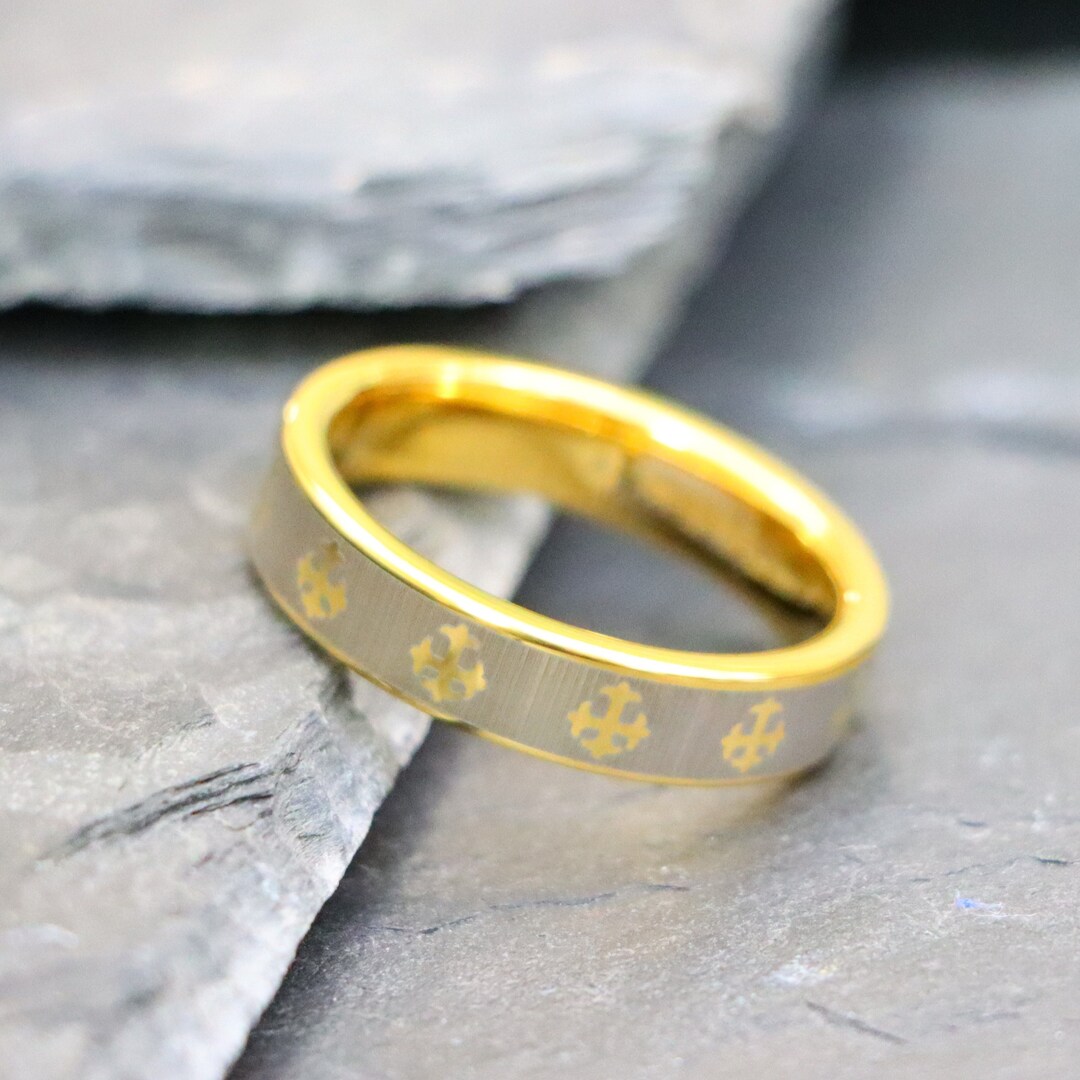 Tungsten Cross Ring, Gold Cross Thin Ring, Men's 5mm Tungsten Ring ...
