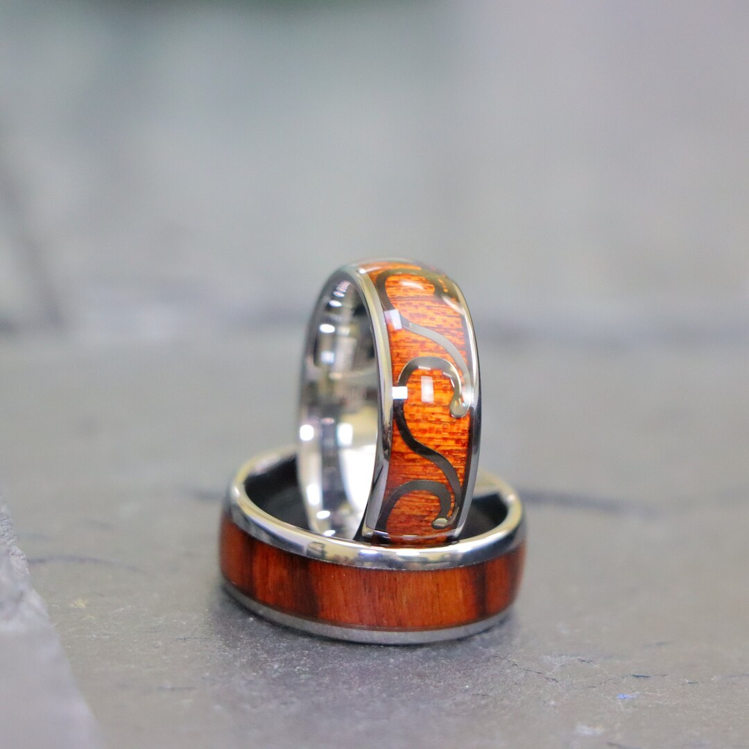 8mm Tungsten Koa Wood Wave Ring, Personalized Wooden Wedding Band, His ...
