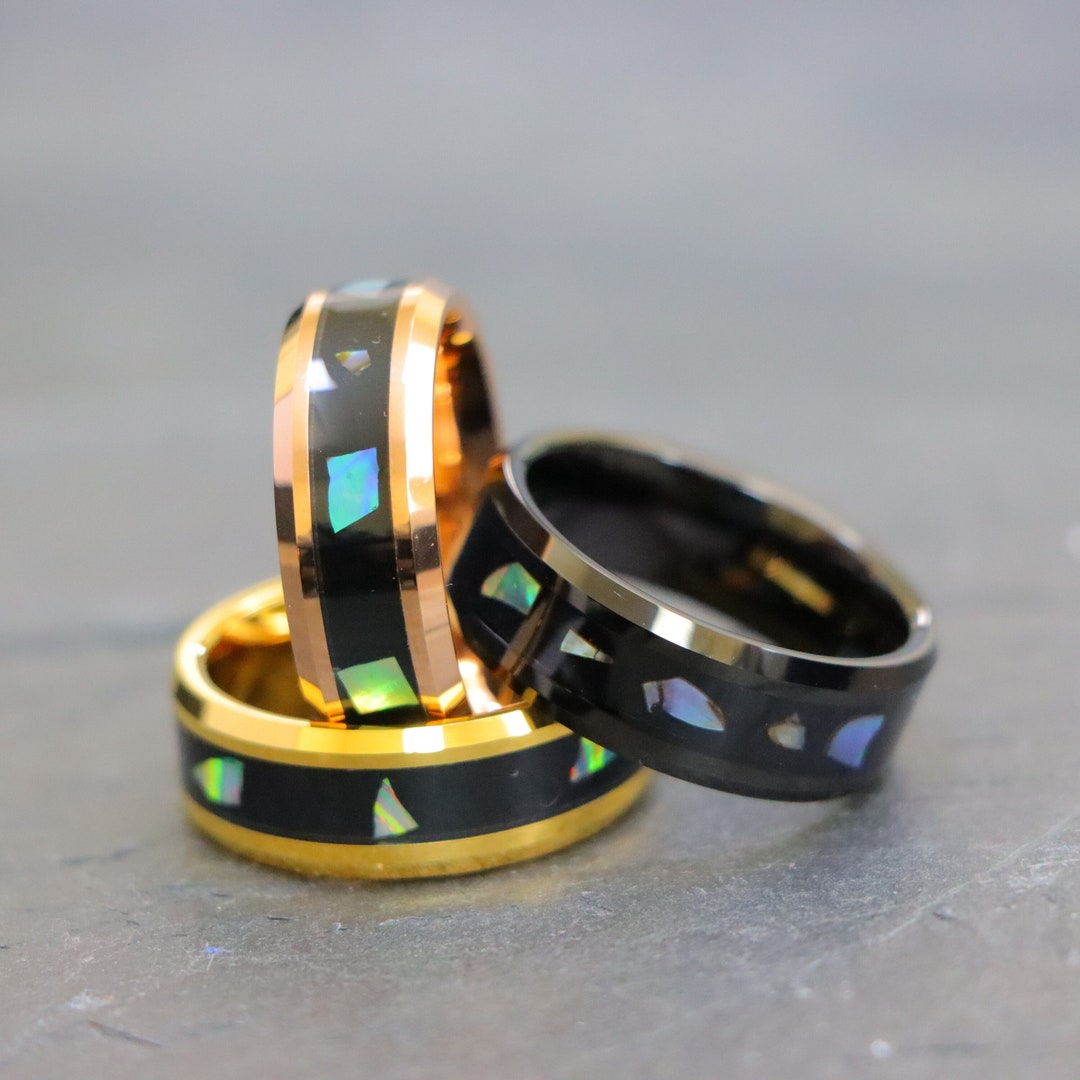 Gold Tungsten Carbide Wedding Band, Abalone Shell Inlay, 8mm Beveled ...