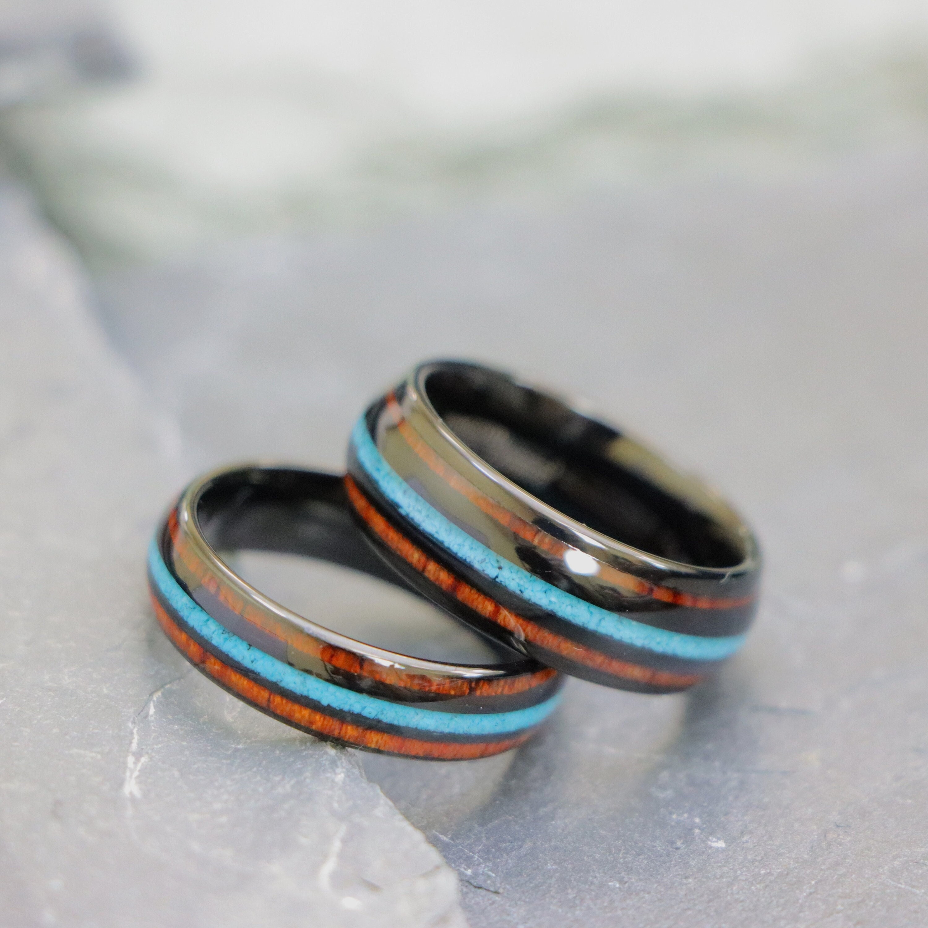 Koa Wood Inlay Wedding Ring, Gold Tungsten With Blue Turquoise and Wood ...
