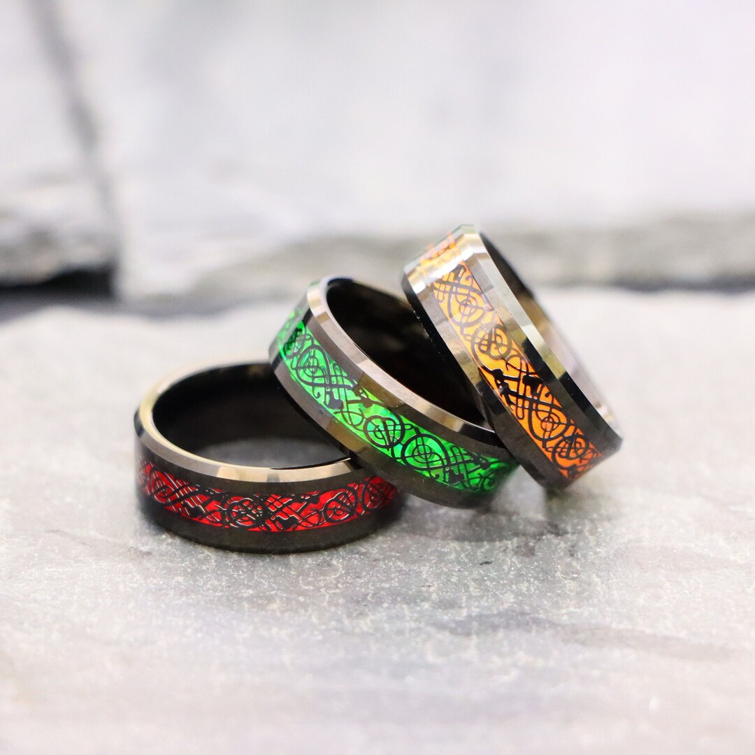 Black Tungsten Wedding Ring With Red Celtic Dragon Inlay, Men's Celtic Ring, Black Tungsten ...
