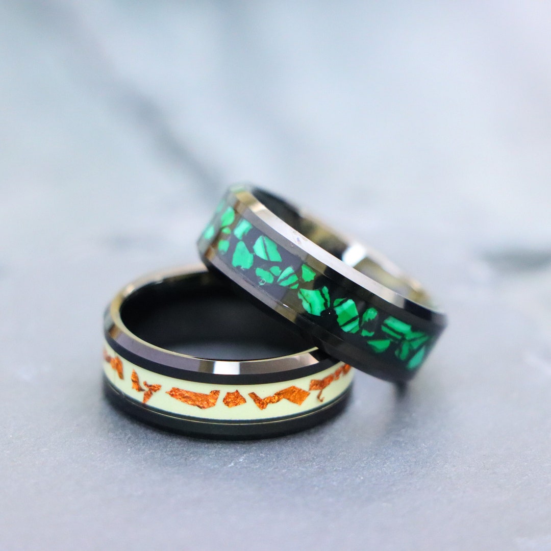 Unique Tungsten Ring, Copper Scrap Ring, Malachite Chips Inlay, His OR ...