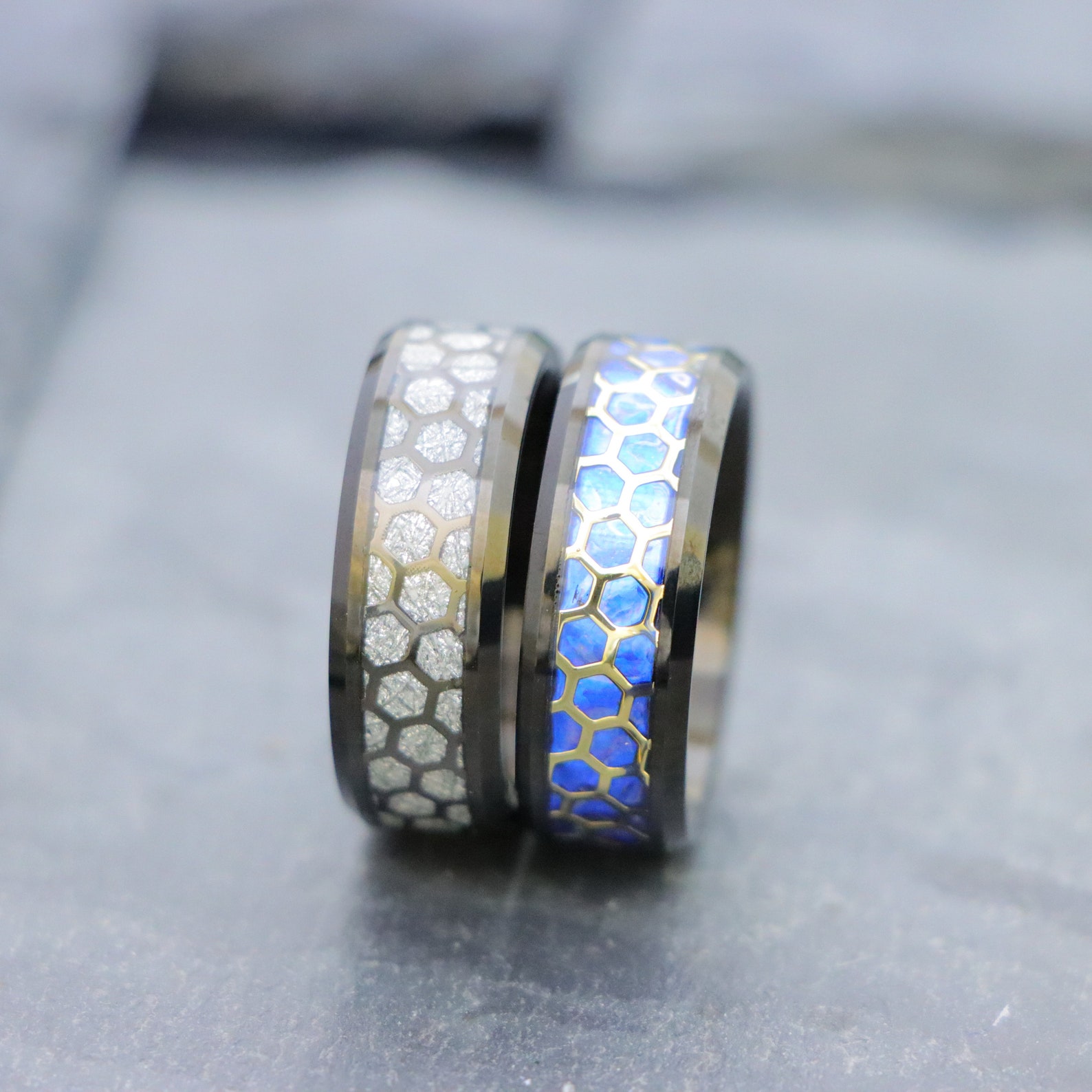 8mm Metallic Meteorite With Honeycomb Hexagon Pattern Inlay High Polish ...