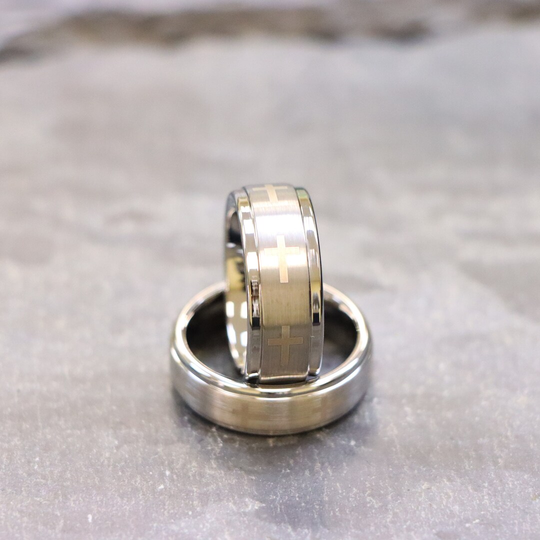 Men's Wedding Band Cross, Silver Tungsten Ring, Men's Cross Rings ...
