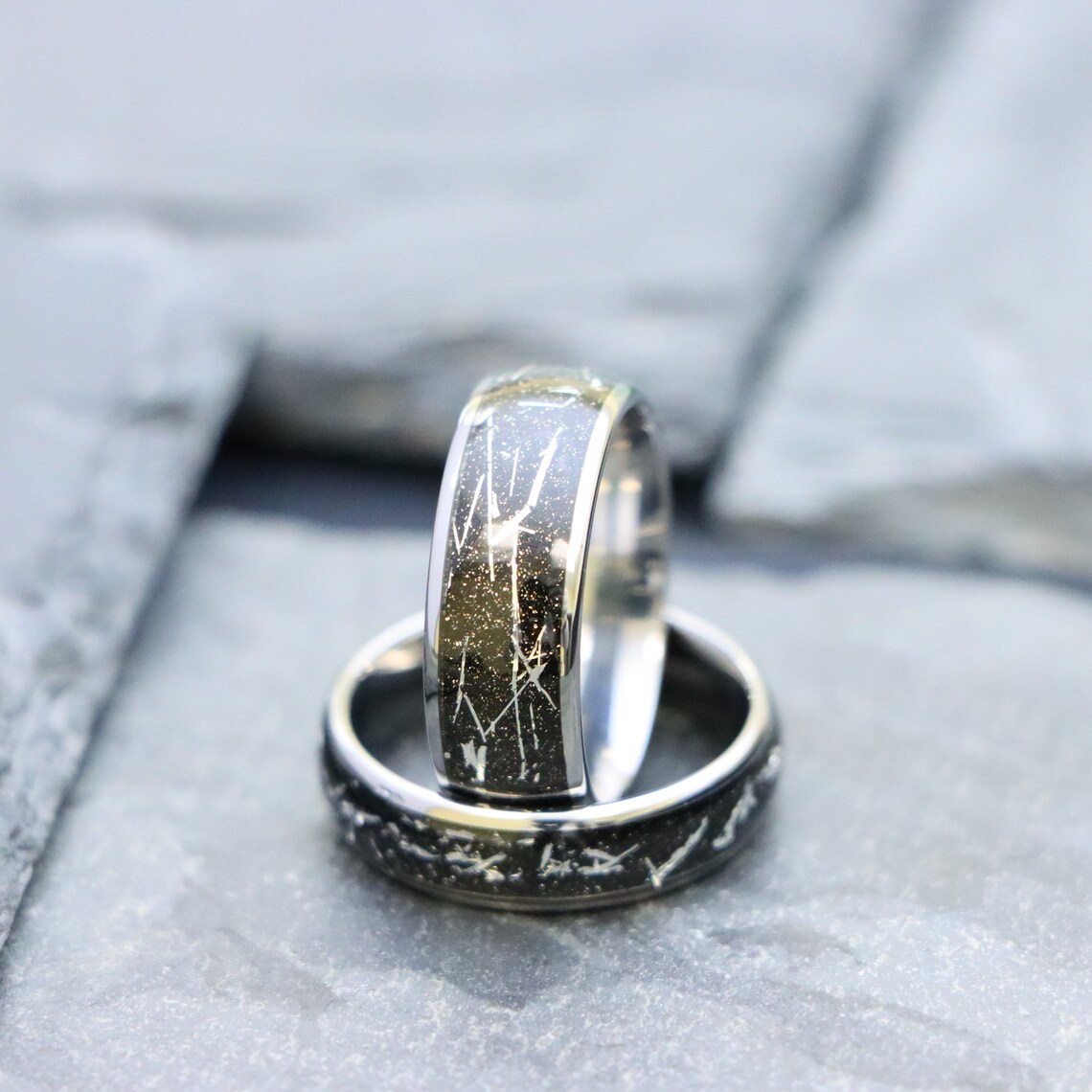 6mm Dome Black Wedding Meteorite Inlay Band Ring, Silver Color ...