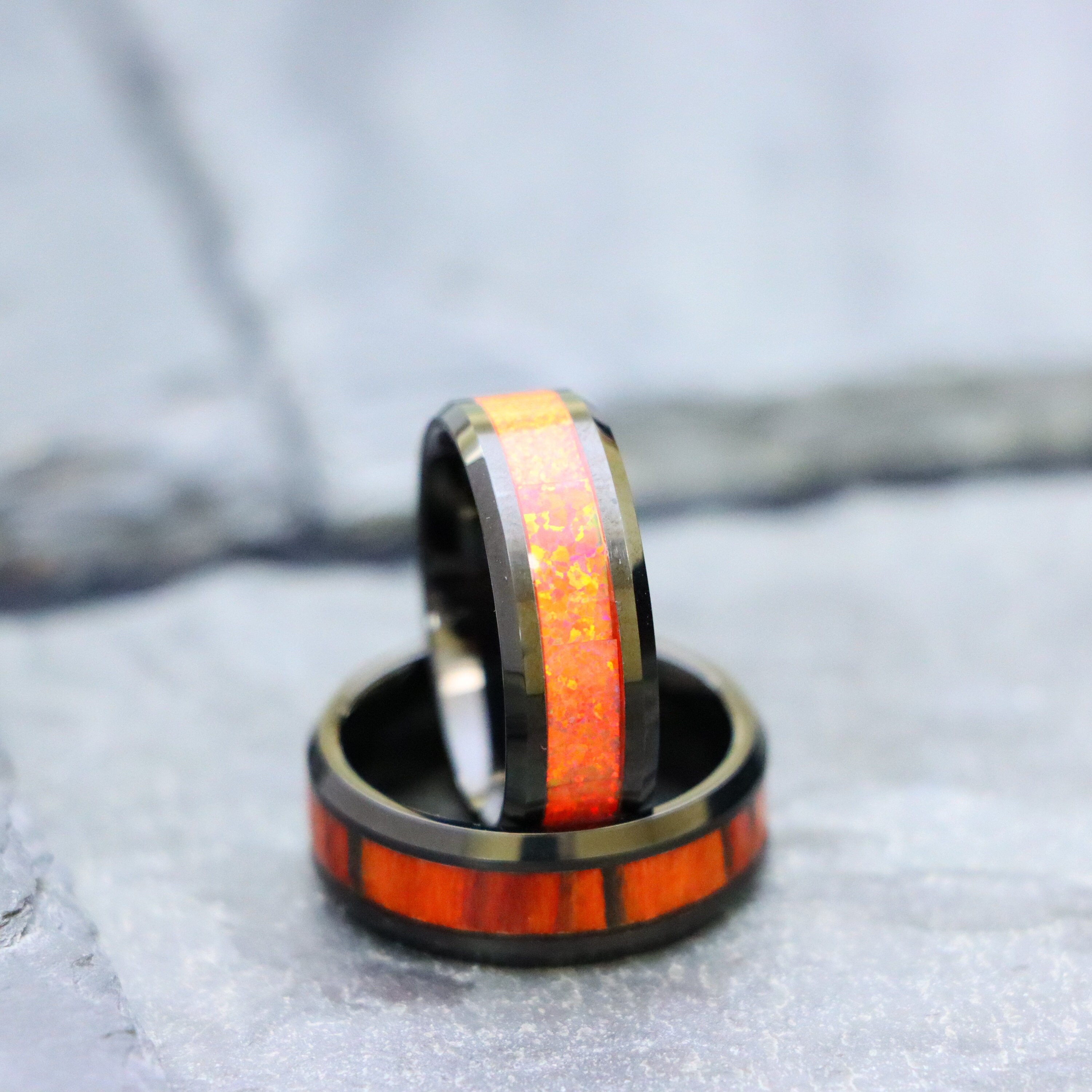 Mahogany Wood Ring, Men's Wedding Band, Orange Opal Inlay Tungsten Band ...