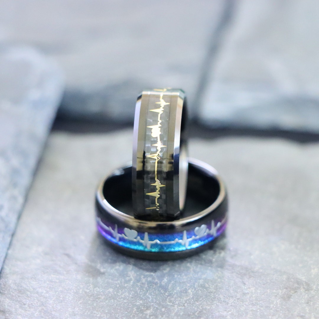 Heartbeat Ring, Multi Color Gradient W/ Heartbeat Inlay Wedding Band ...