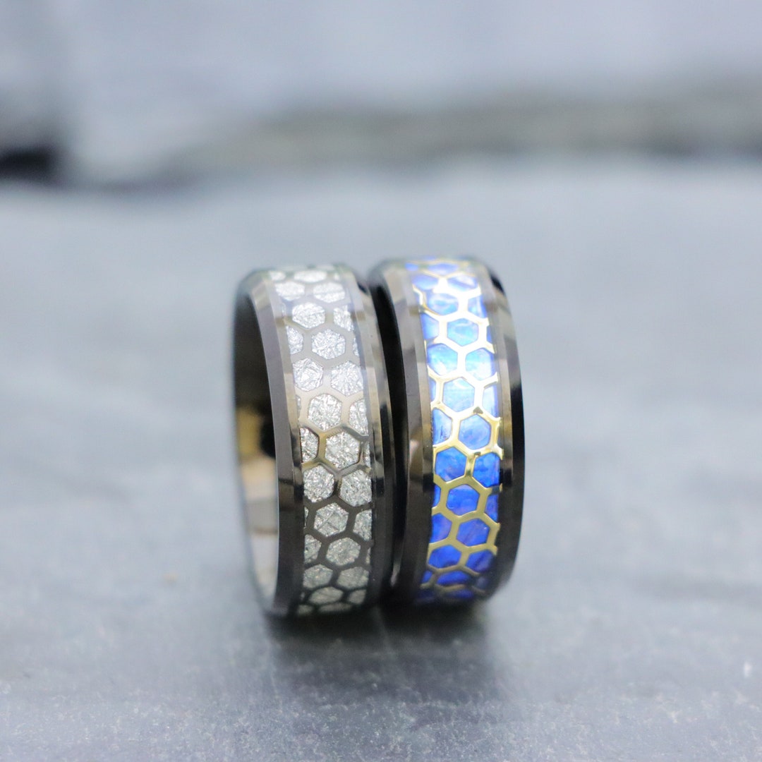 8mm Metallic Meteorite With Honeycomb Hexagon Pattern Inlay High Polish ...