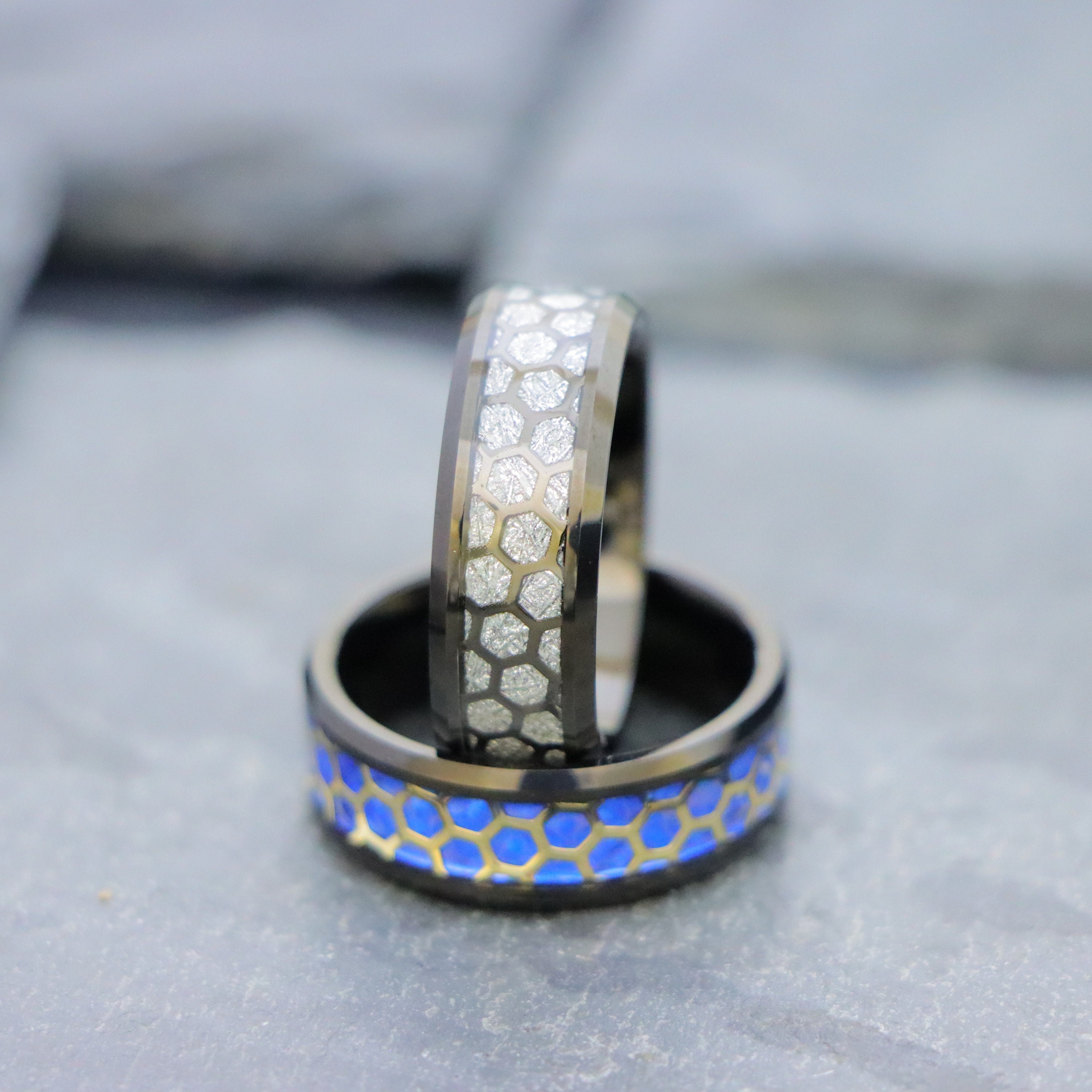 8mm Metallic Meteorite With Honeycomb Hexagon Pattern Inlay High Polish ...