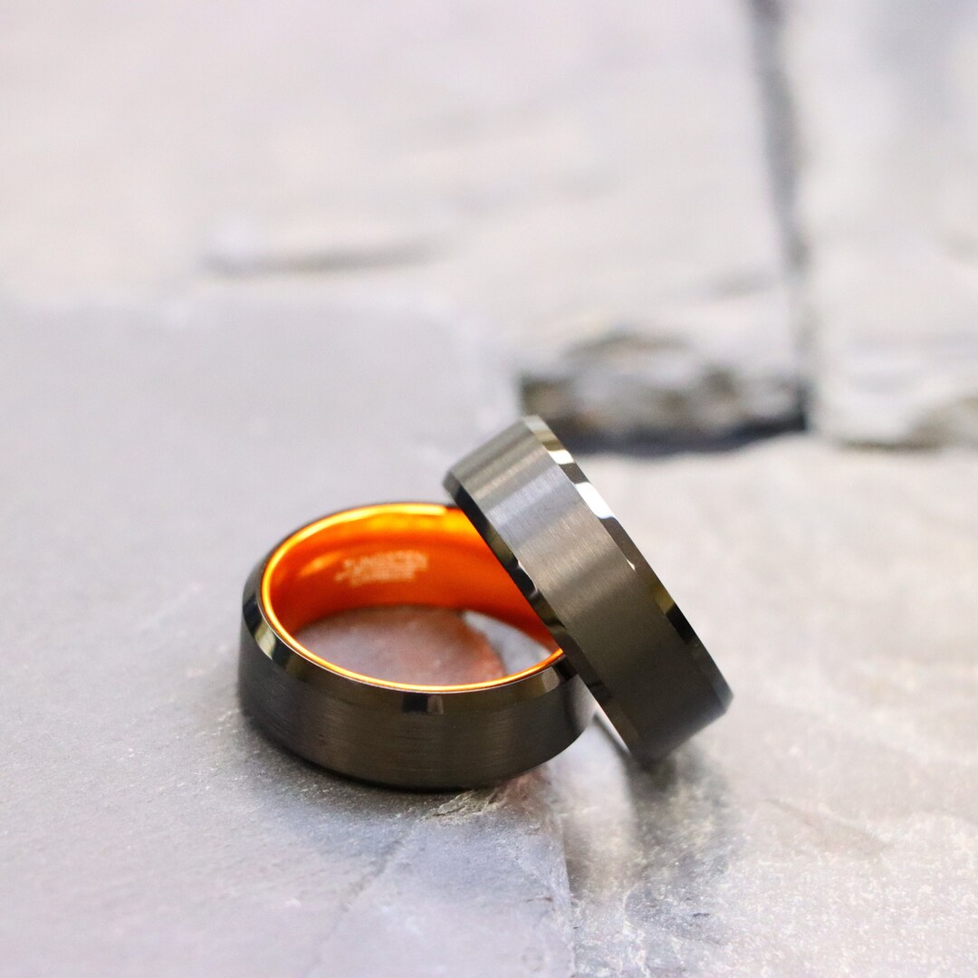 Anniversary Ring, Men Black Wedding Ring, Orange Wedding Ring, Men's ...