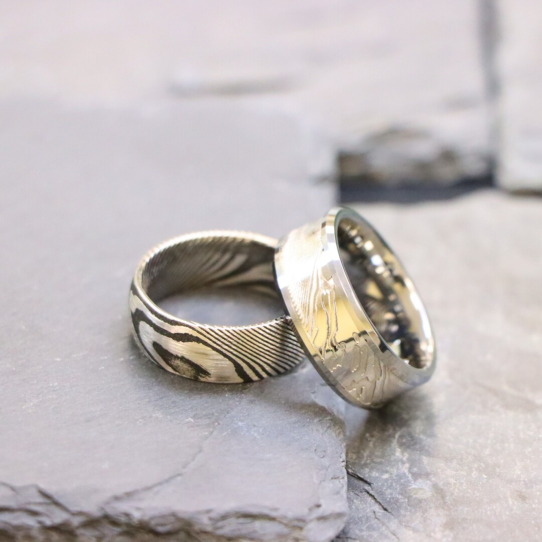 Damascus Steel Ring Men's Wedding Band 8mm Ring Dome Style Ring Wood ...