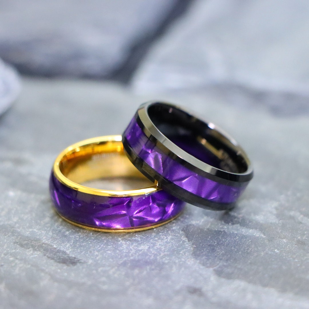 8mm Black and Yellow Tungsten Ring, Purple Cowrie Imitation Inlay Ring ...