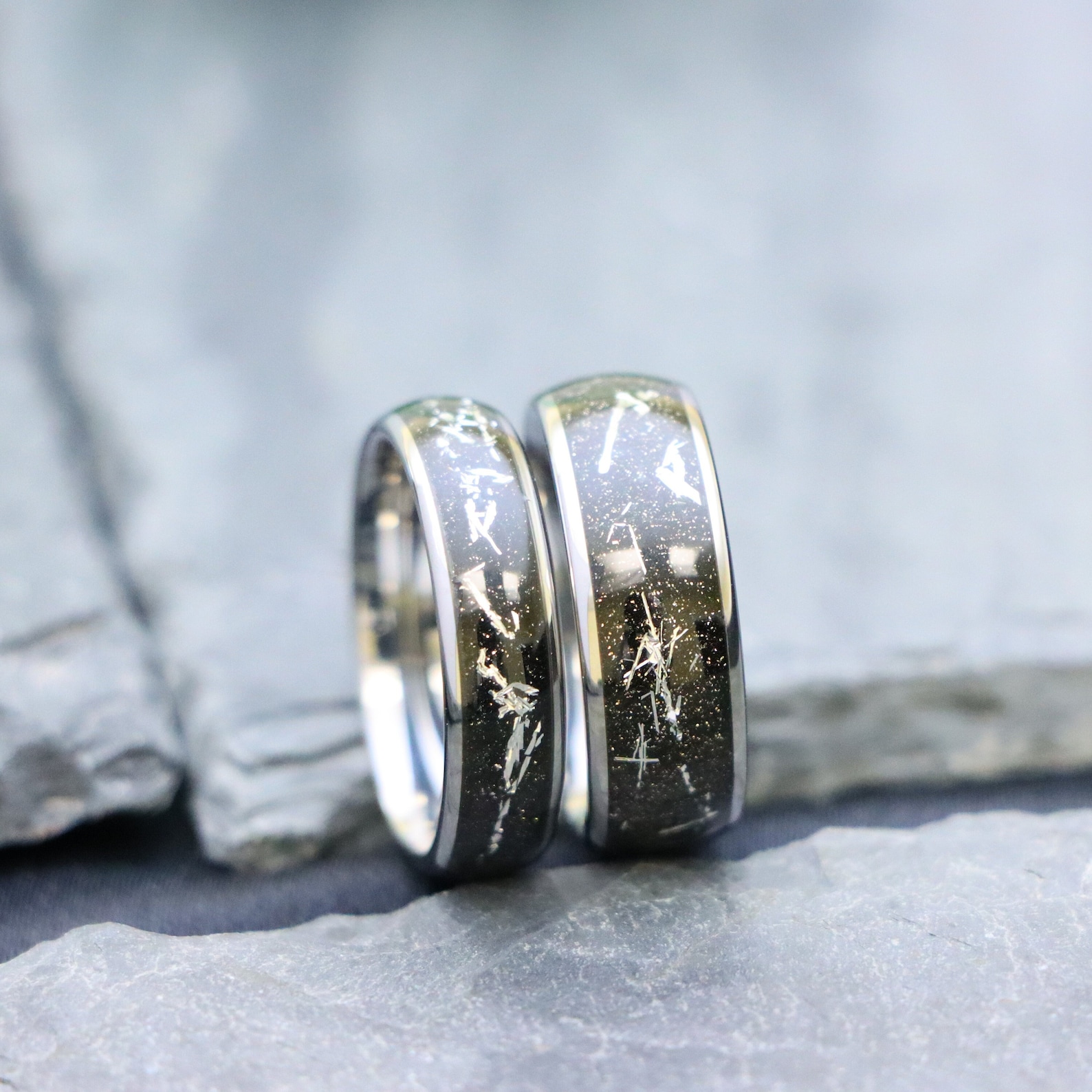 6mm Dome Black Wedding Meteorite Inlay Band Ring, Silver Color ...
