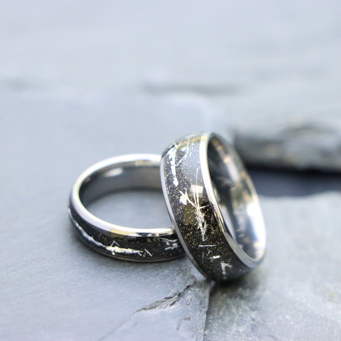 6mm Dome Black Wedding Meteorite Inlay Band Ring, Silver Color ...