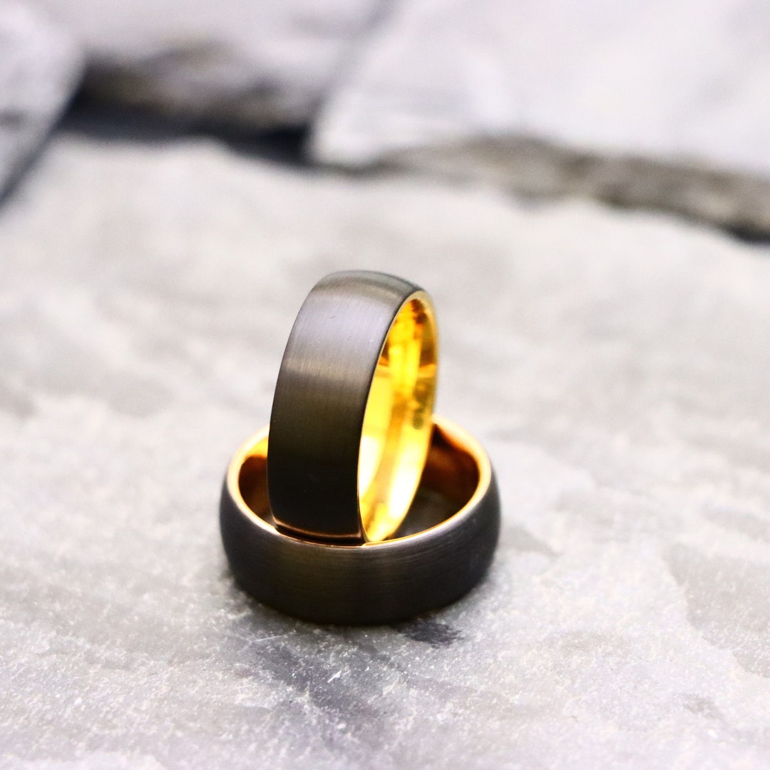 Domed Black Outside and Yellow Gold Inside Ring With Brushed Finish and ...