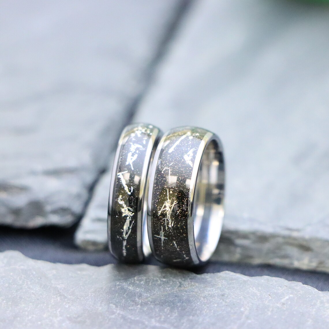 6mm Dome Black Wedding Meteorite Inlay Band Ring, Silver Color ...