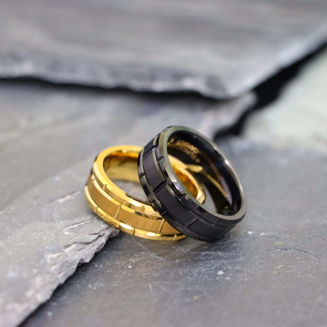 Men's Wedding Band, 8mm Unique Brick Grooved Cut Edge Pipe Cut Black ...