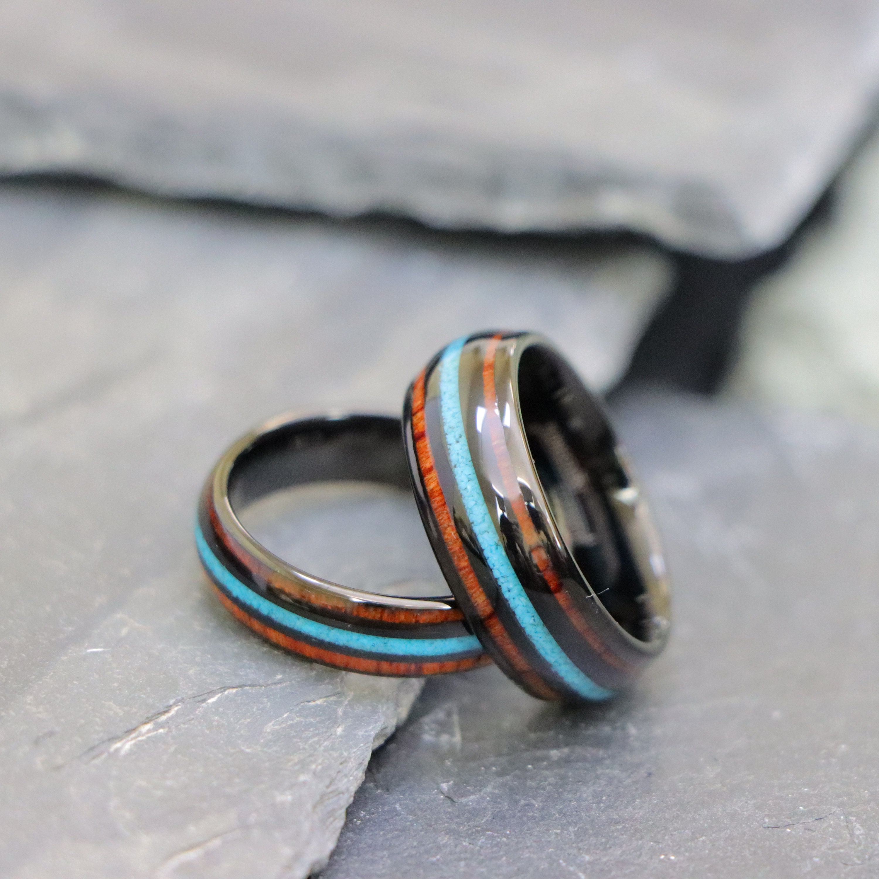 Koa Wood Inlay Wedding Ring, Gold Tungsten Crushed Turquoise Wood Inlay ...