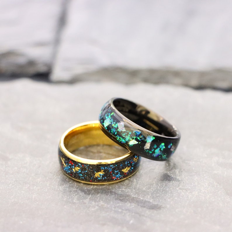 Opal & Abalone Fragment Inlay Men's Unique Black Ion Plated Dome ...