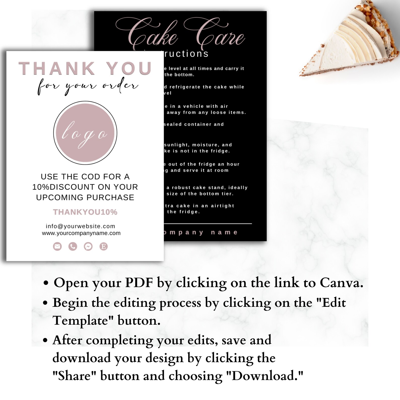 Cake Care Card I Canva Template I Care Card Instructions, Business ...