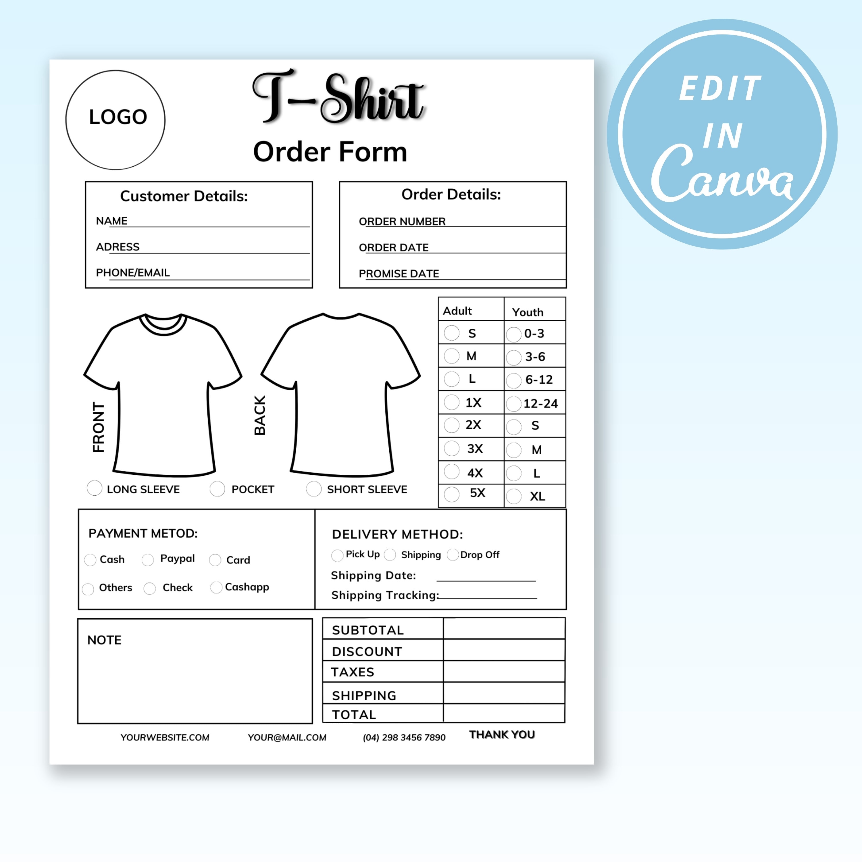 Shirt Order Form I Order Form Template I Custom Hoodie, Canva Template ...