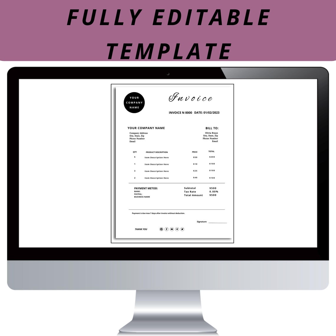 Invoice Template | Editable Canva Template, Custom Order Form Printable ...