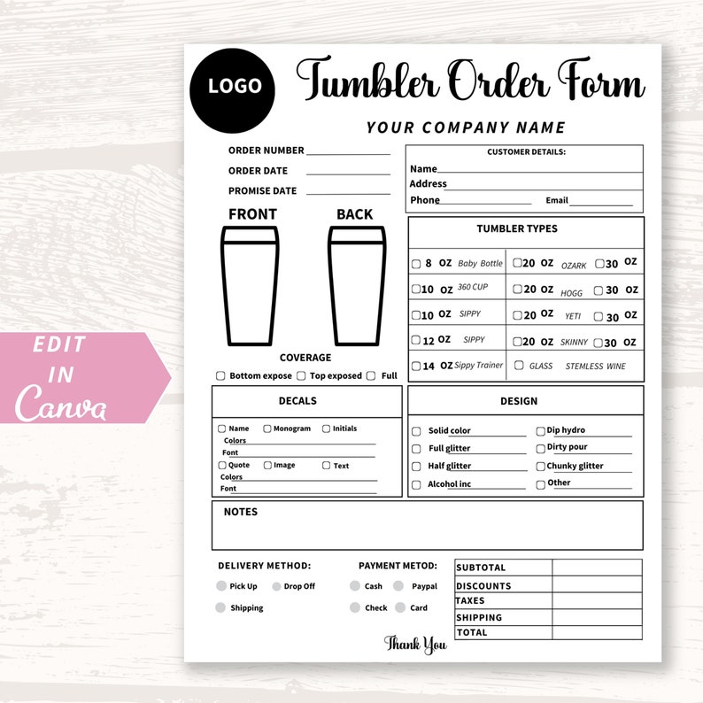 Tumbler Order Form Template: Editable Small Business Invoice (canva ...