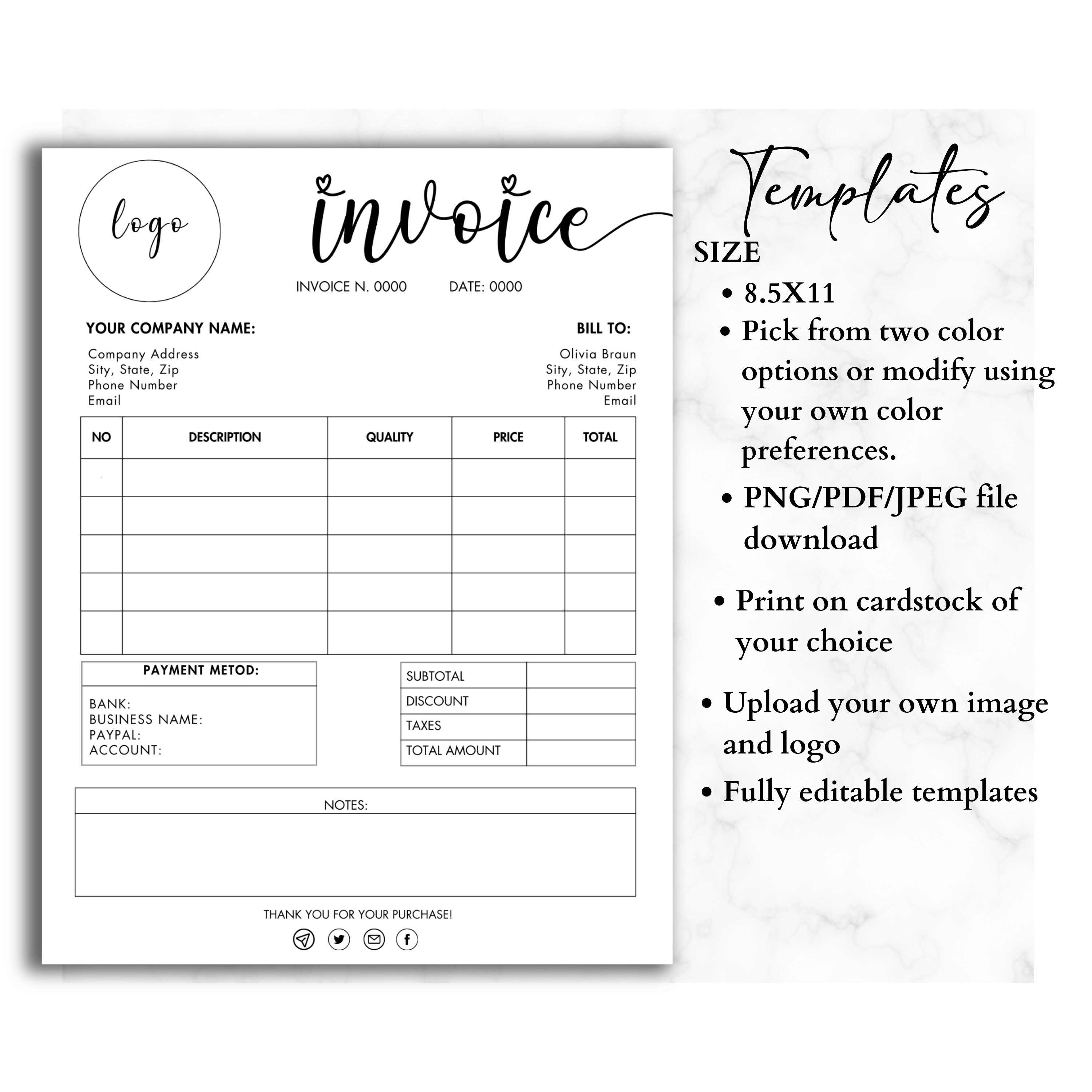 Invoice Template Editable Canva Template, Custom Order Form Printable ...