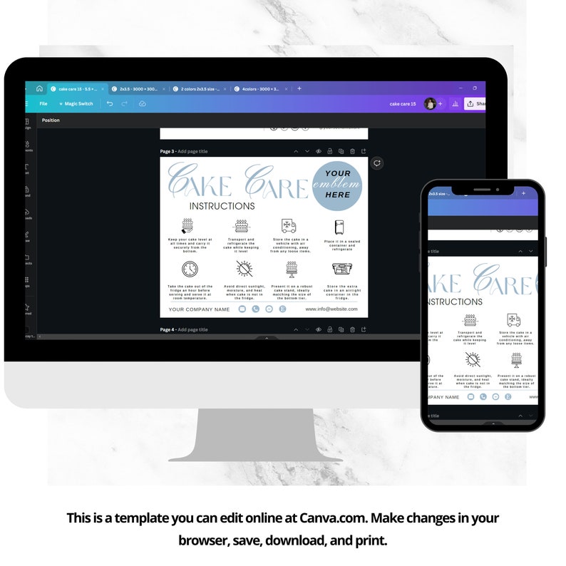 Cake Care Card I Canva Template I Care Card Instructions, Business ...