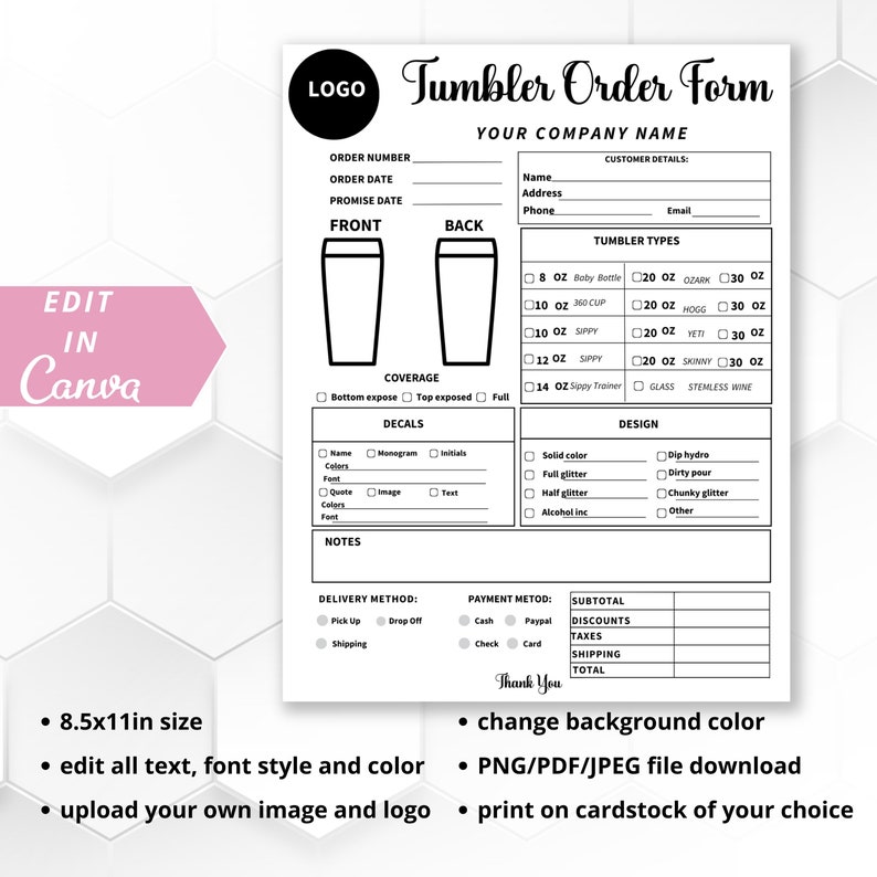 Tumbler Order Form Template: Editable Small Business Invoice (canva ...