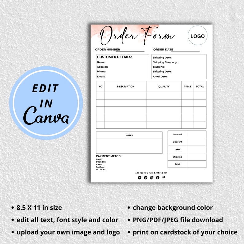 Editable Order Form Template: Custom Printable for Small Business ...