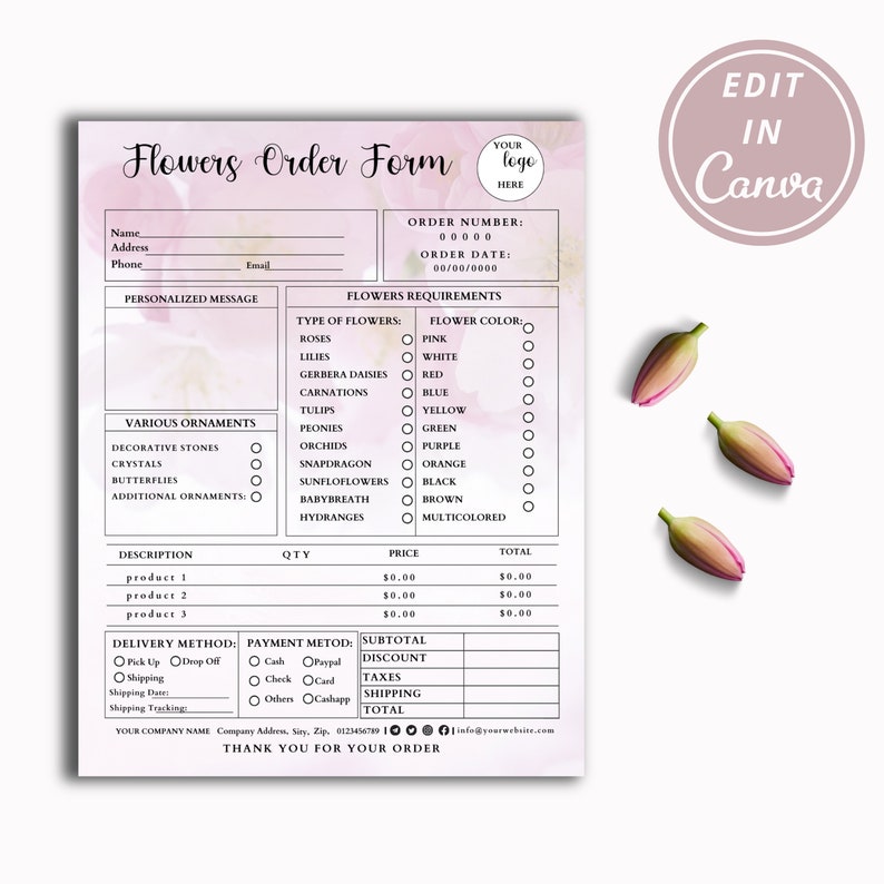 Florist Order Form Template: Editable Flower Business Invoice (canva ...