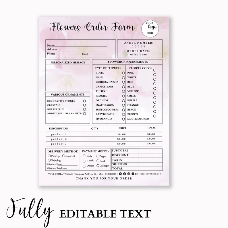 Florist I Order From I Wedding Flowers I Invoice Template, Order Form ...