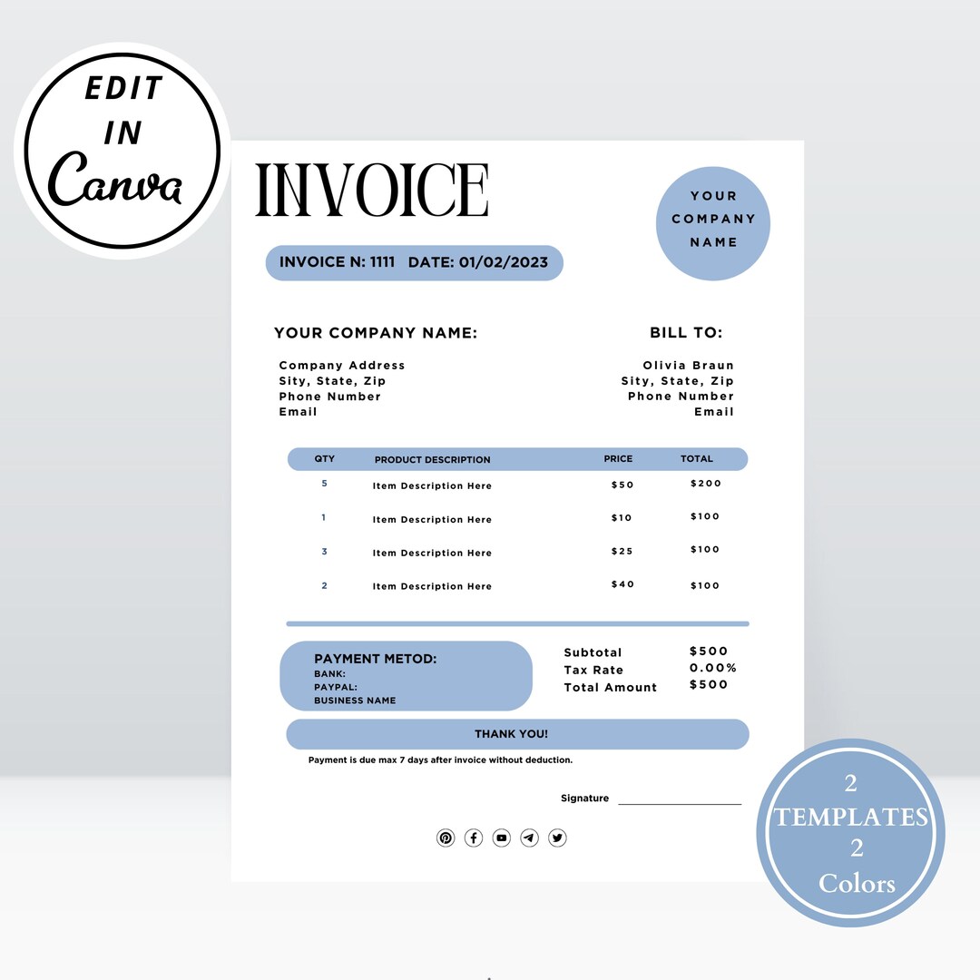 Invoice Template Editable Canva Template, Custom Order Form Printable ...