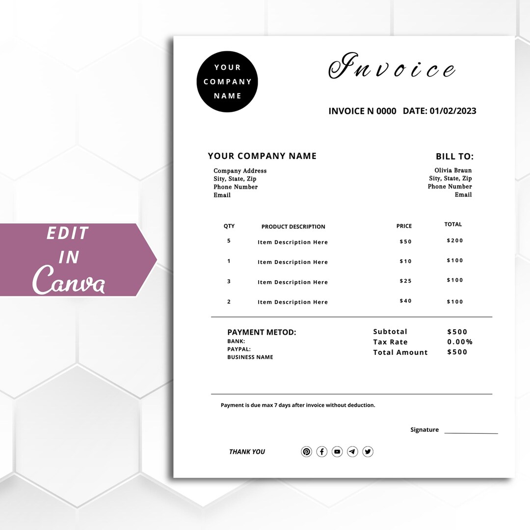 Invoice Template | Editable Canva Template, Custom Order Form Printable ...