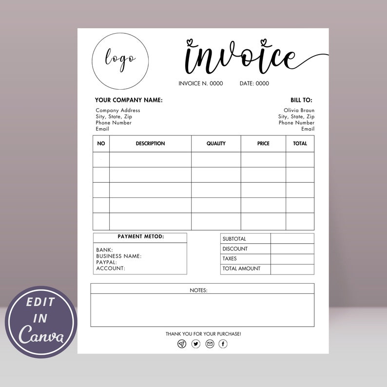 Invoice Template Editable Canva Template, Custom Order Form Printable ...