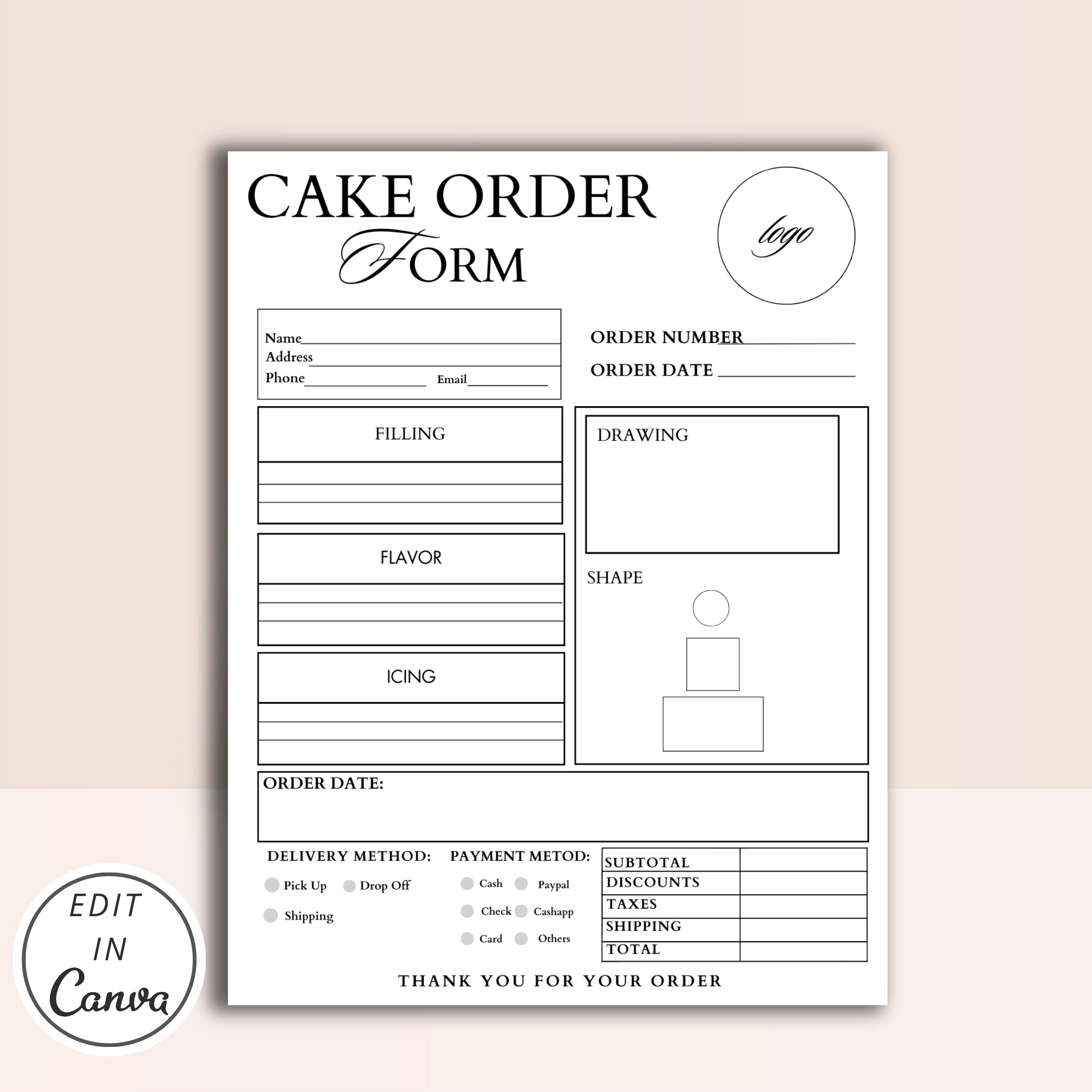 Cake Order Form Template I Canva Template I Bakery Order Form, Instant ...
