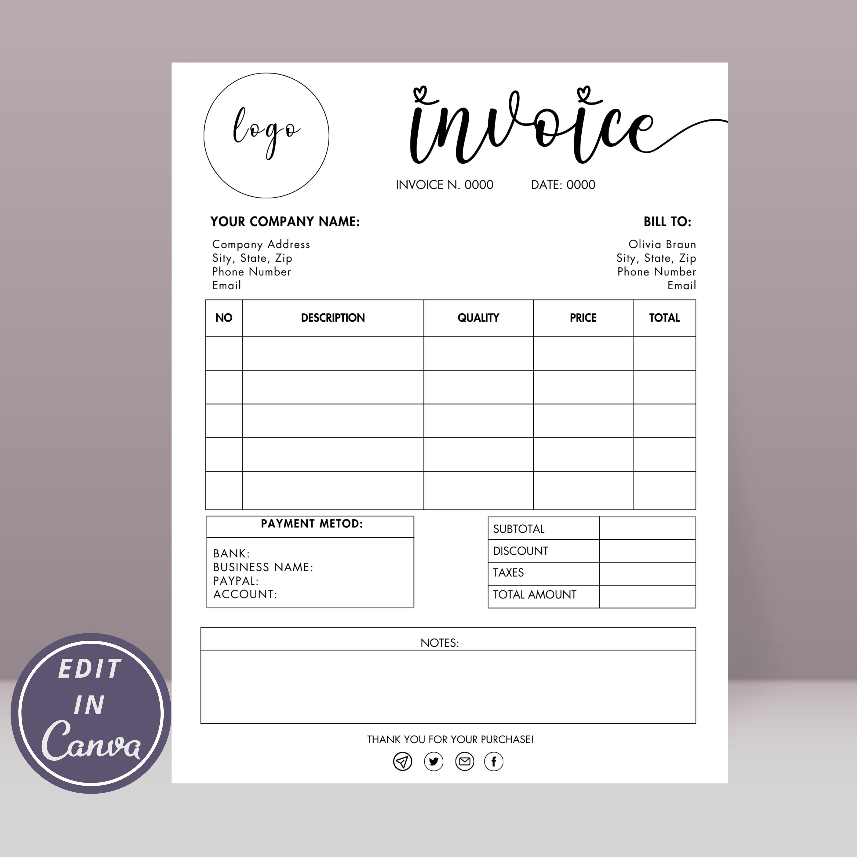 Invoice Template Editable Canva Template, Custom Order Form Printable ...