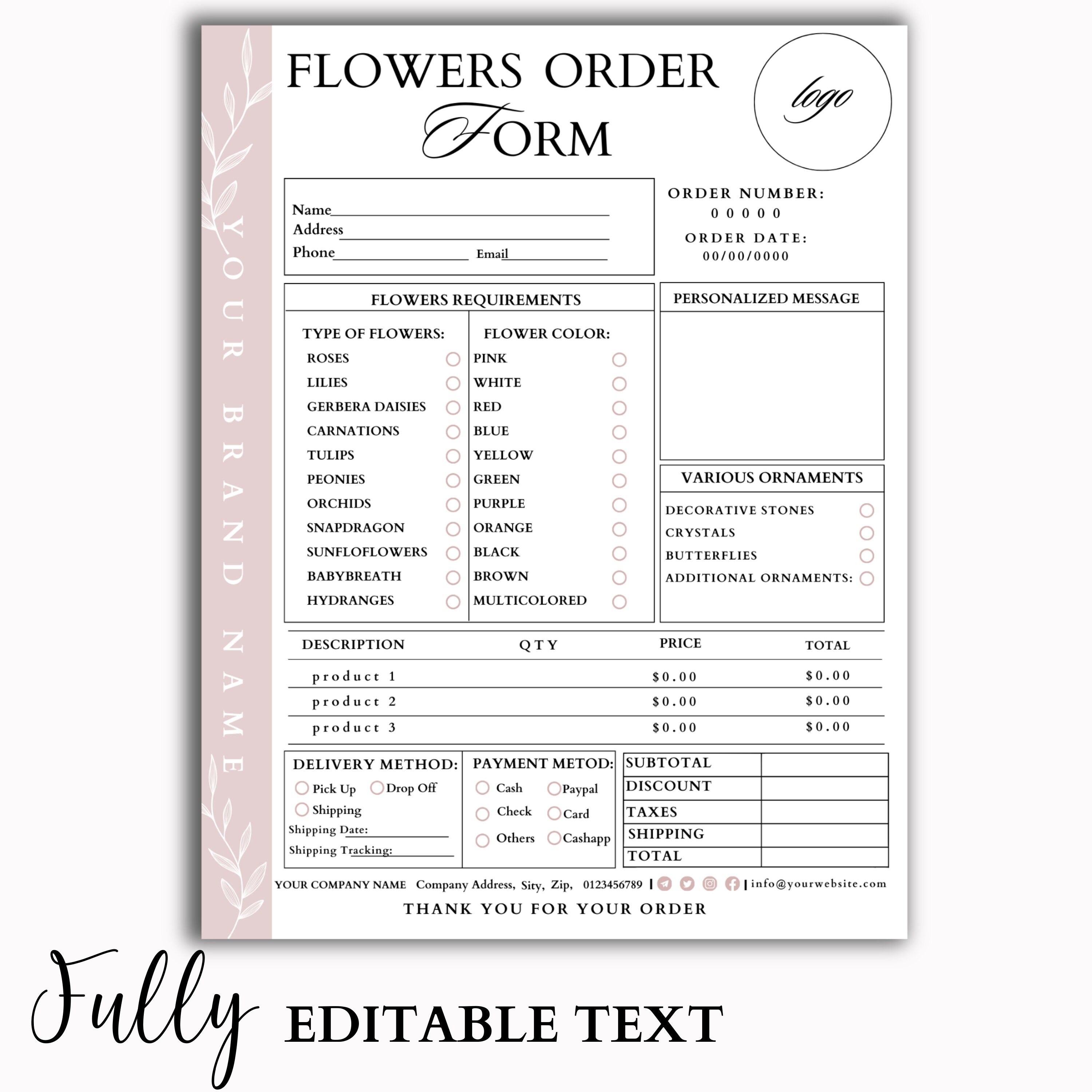 Florist Order Form Template: Editable Flower Invoice (canva) - Etsy