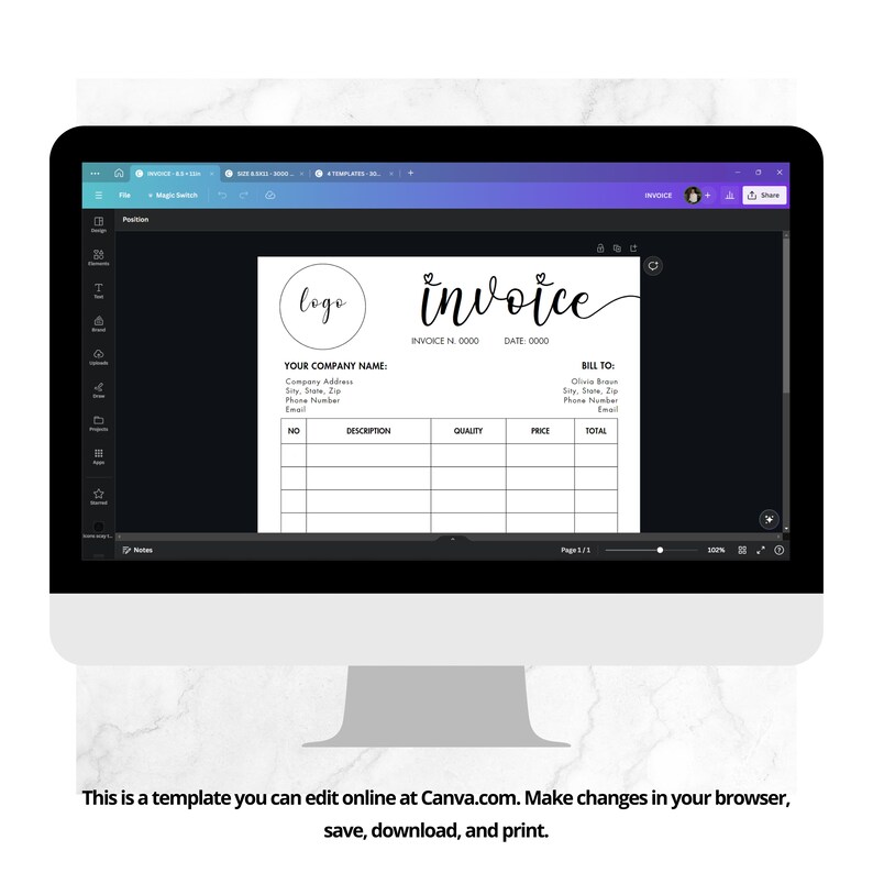 Invoice Template Editable Canva Template, Custom Order Form Printable ...