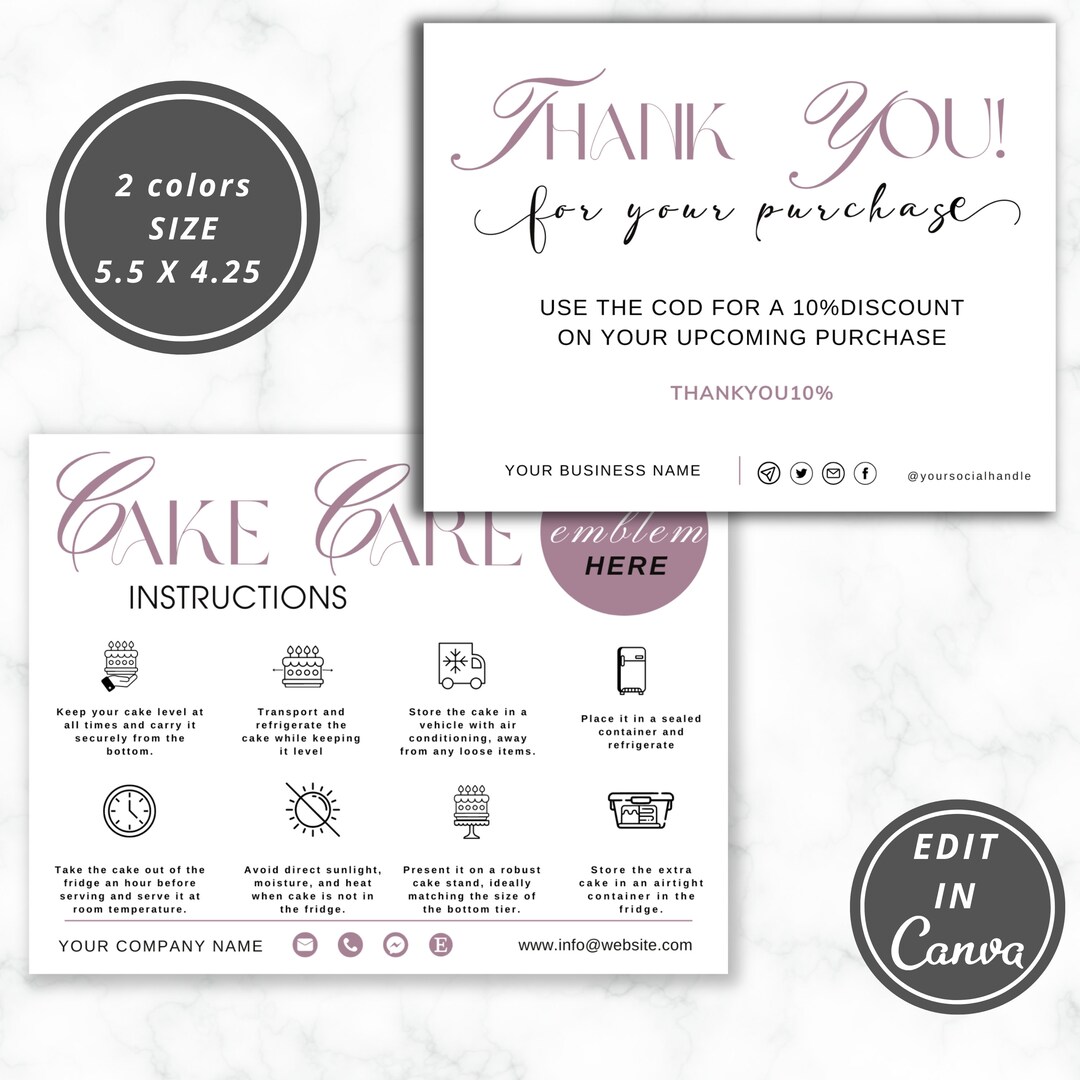 Cake Care Card I Canva Template I Care Card Instructions, Business ...